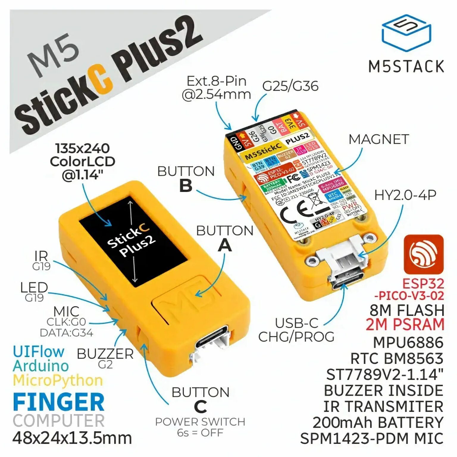 M5stickc Plus2 ชุดพัฒนา Iot ใช้ชิป Esp32 Pico V3 02 Sip พร้อมแบตเตอรี่ 200 Mah Cnx Software